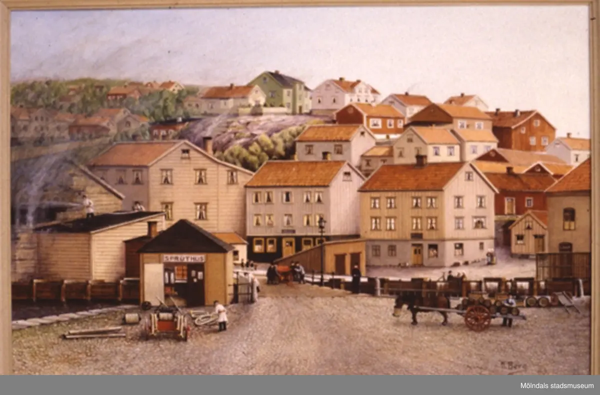 Gamla torget i Kvarnbyn, Mölndal. En tavla målad av den naivistiske ...